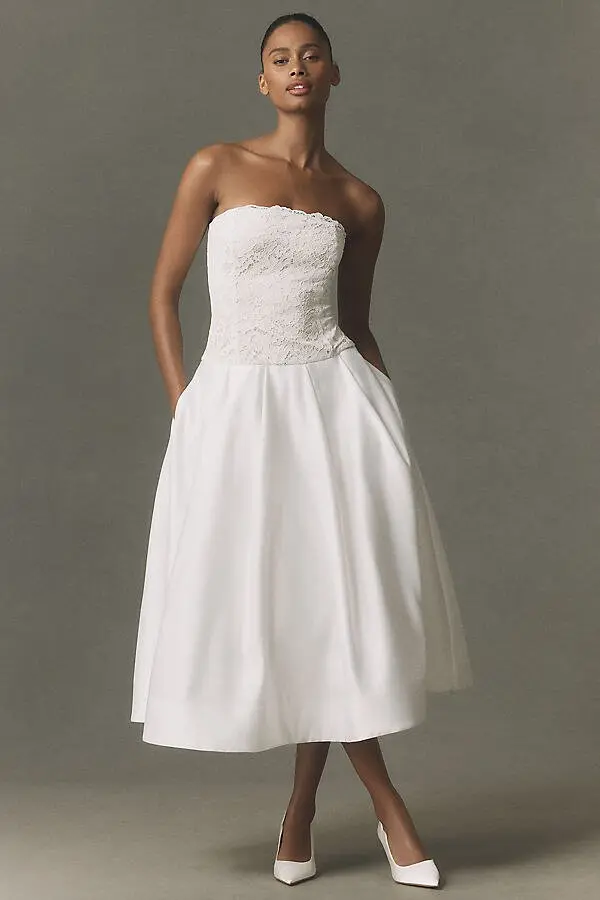 Bhldn Strapless Lace Bodice A-line Midi Dress - White