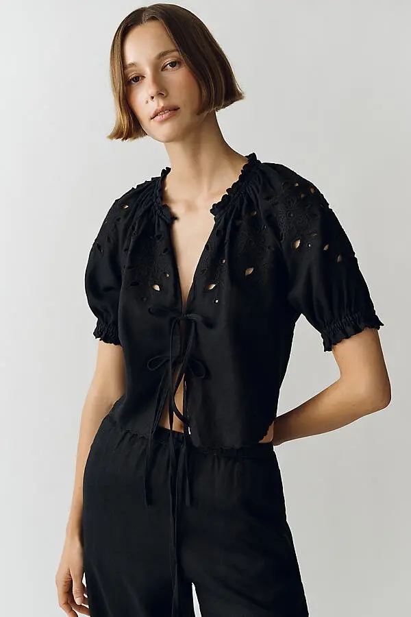 Rails Linen Embroidered Tie Front Blouse