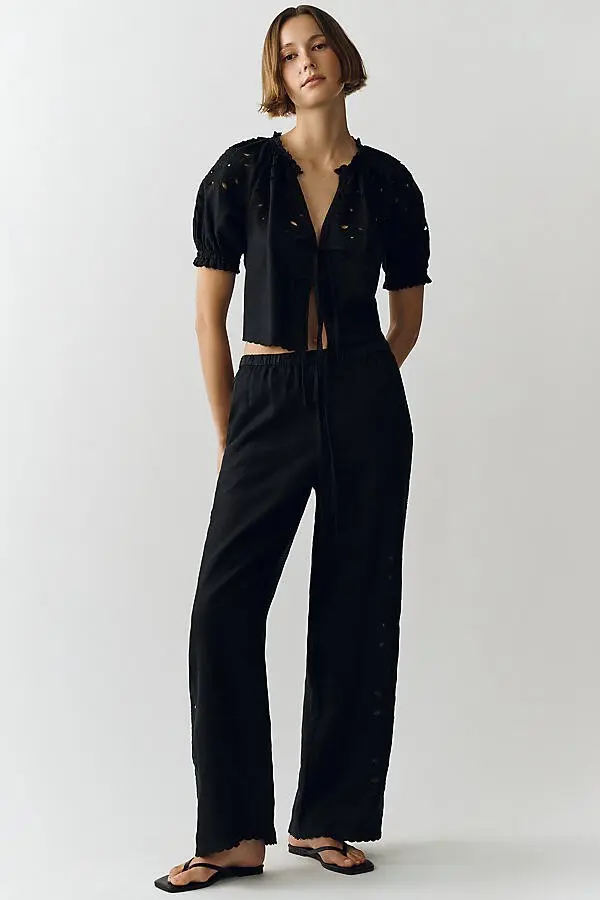Rails Linen Embroidered Tie Front Blouse