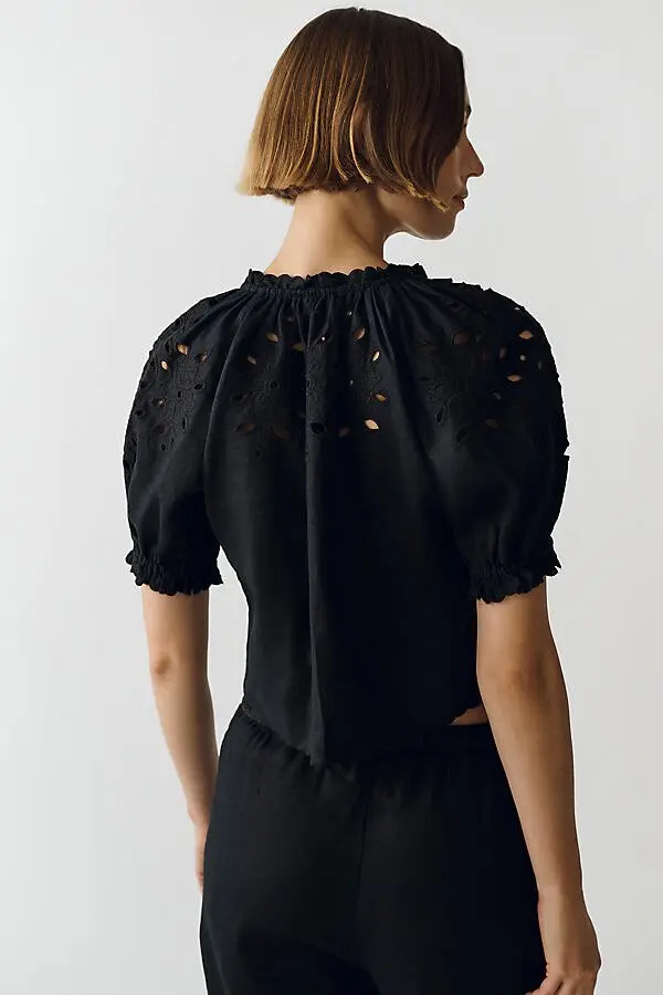Rails Linen Embroidered Tie Front Blouse