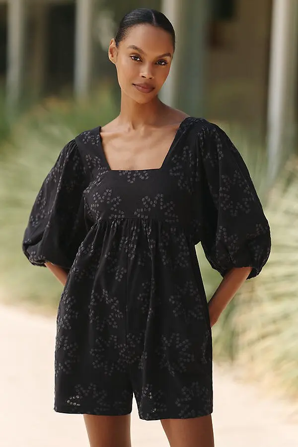 CELANDINE Puff-sleeve Cotton Romper - Black
