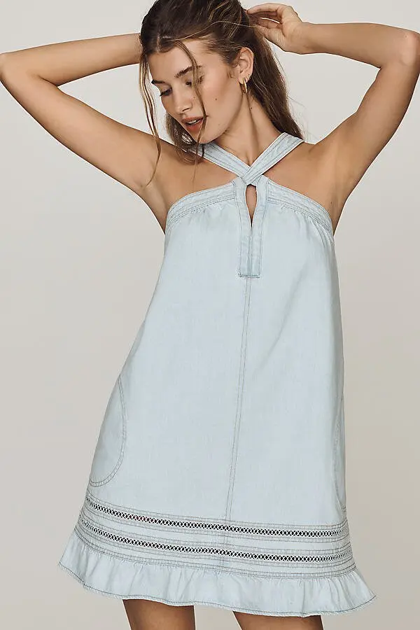 PILCRO Halterneck Denim Mini Dress - Light Denim