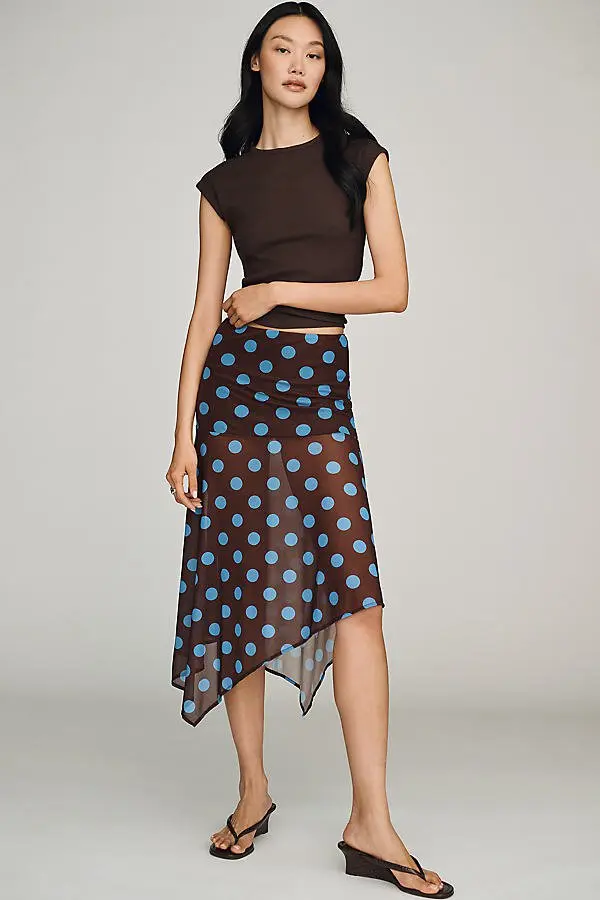 FIND ME NOW Printed Mesh Midi Skirt - Brown Dot