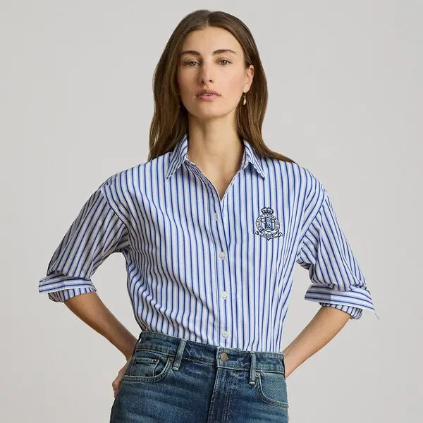 Ralph Lauren Relaxed Fit Striped Broadcloth Shirt With Embroidered Crest