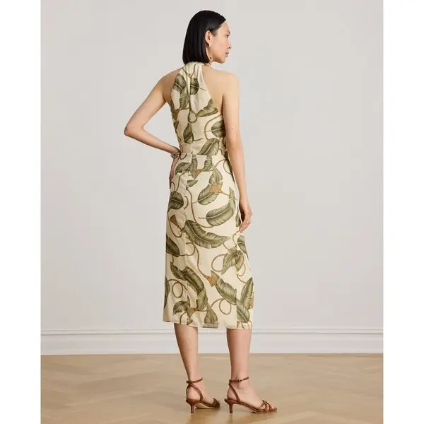 Ralph Lauren Halterneck Midi Dress With Rope And Leaf Print
