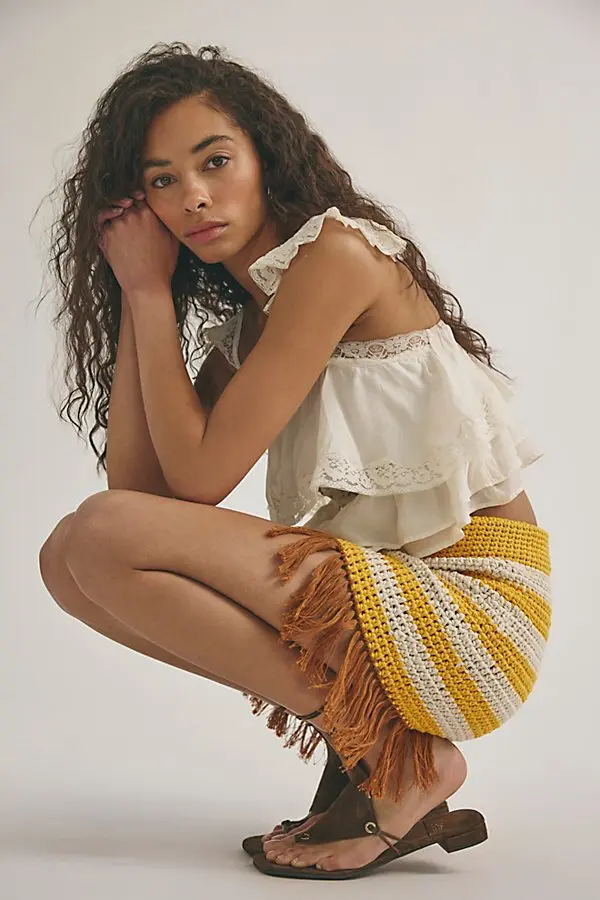 THE FARRA Hand-crocheted Striped Mini Skirt With Fringe Trim - Orange String