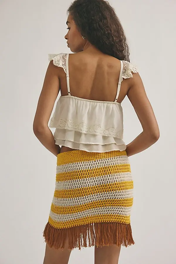 THE FARRA Hand-crocheted Striped Mini Skirt With Fringe Trim