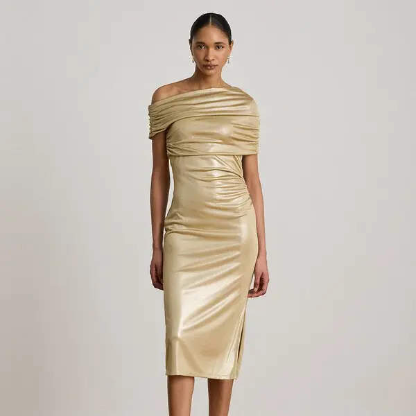 Ralph Lauren Metallic Off-the-shoulder Cocktail Dress - Birch Tan/gold Foil