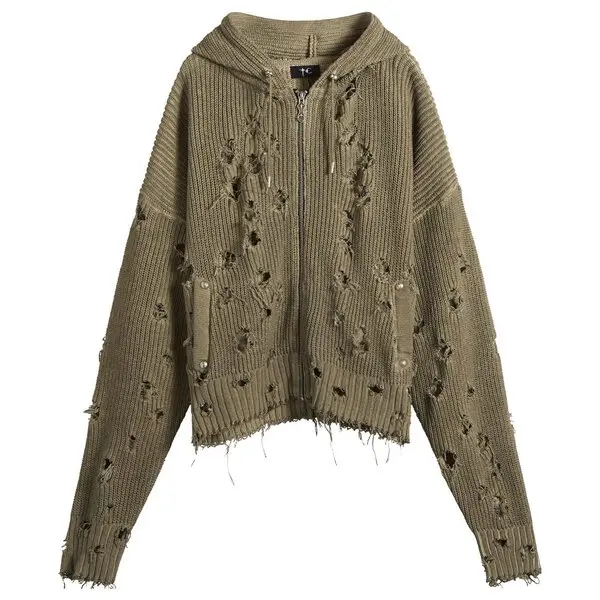 THUG CLUB Distressed Knitted Zip-up Hoodie