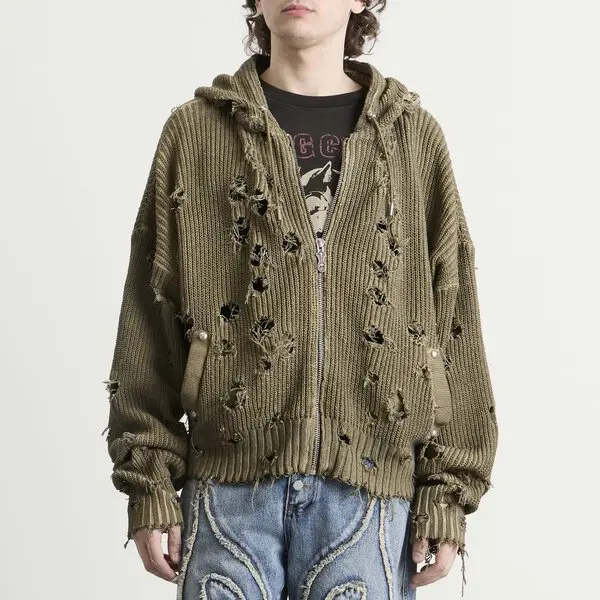 THUG CLUB Distressed Knitted Zip-up Hoodie