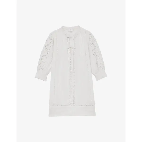 REISS Gia Cheesecloth Cotton Mini Dress - Ivory