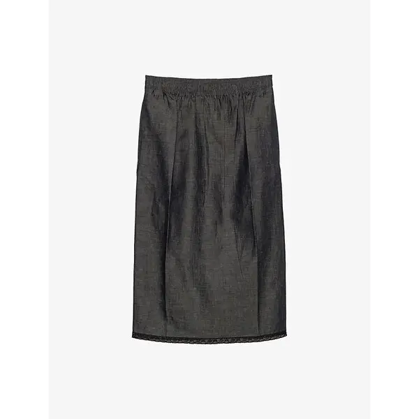 Prada Lace-trimmed Chambray Cotton And Linen-blend Midi Skirt - Blue