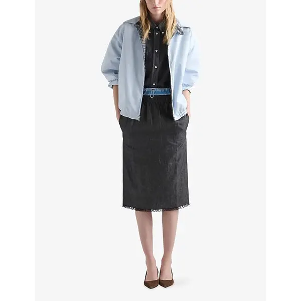 Prada Lace-trimmed Chambray Cotton And Linen-blend Midi Skirt - Blue
