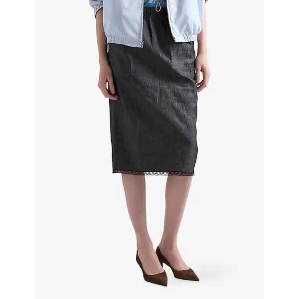 Prada Lace-trimmed Chambray Cotton And Linen-blend Midi Skirt - Blue
