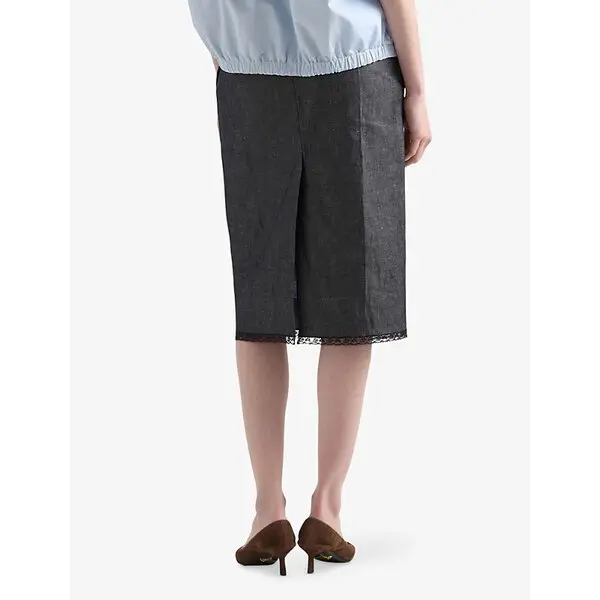 Prada Lace-trimmed Chambray Cotton And Linen-blend Midi Skirt - Blue