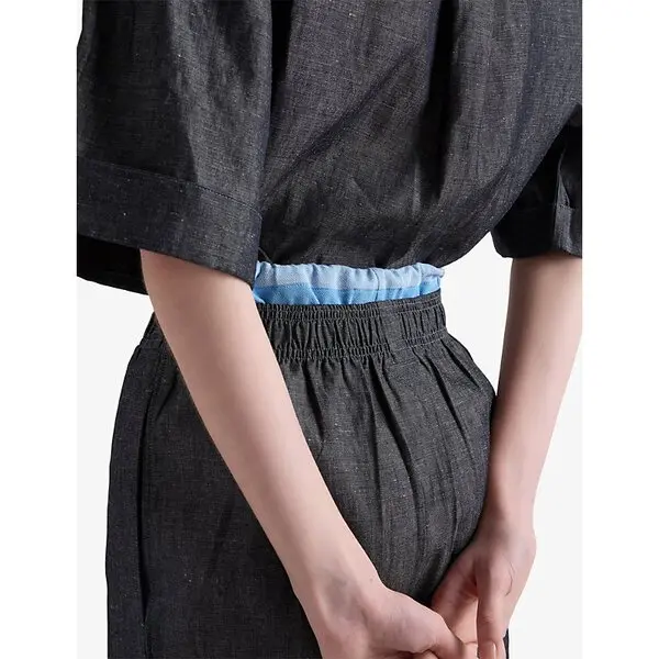 Prada Lace-trimmed Chambray Cotton And Linen-blend Midi Skirt - Blue