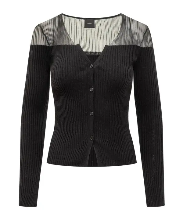 Pinko V-neck Ribbed Cardigan With Sheer Yoke