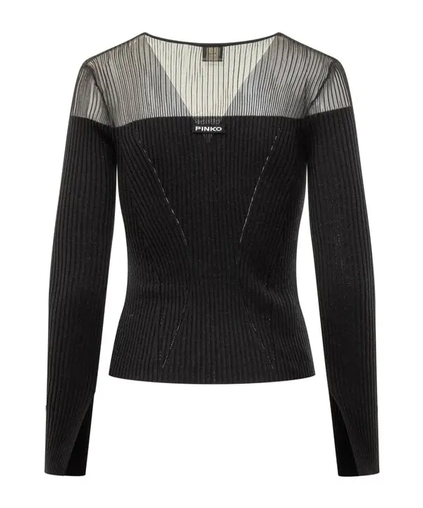 Pinko V-neck Ribbed Cardigan With Sheer Yoke