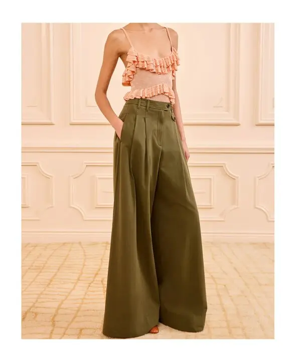 Ulla Johnson Mid Rise Pleated Cotton Wide Leg Pants - Green