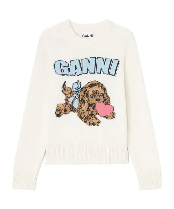 GANNI Ivory Puppy Print Wool Jumper - Egret Color