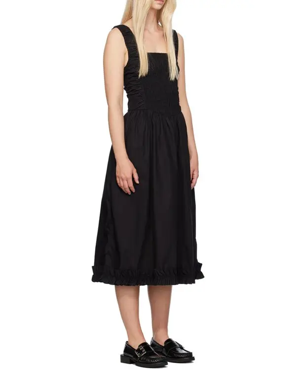 GANNI Cotton Square Neck Smocked Strap Dress