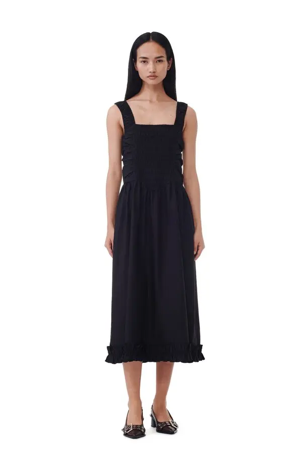 GANNI Cotton Square Neck Smocked Strap Dress