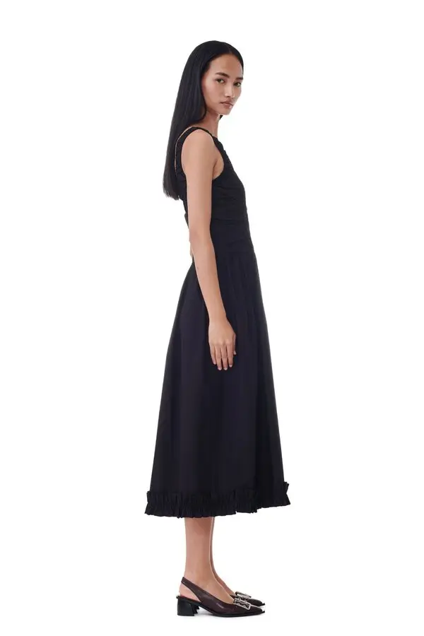 GANNI Cotton Square Neck Smocked Strap Dress