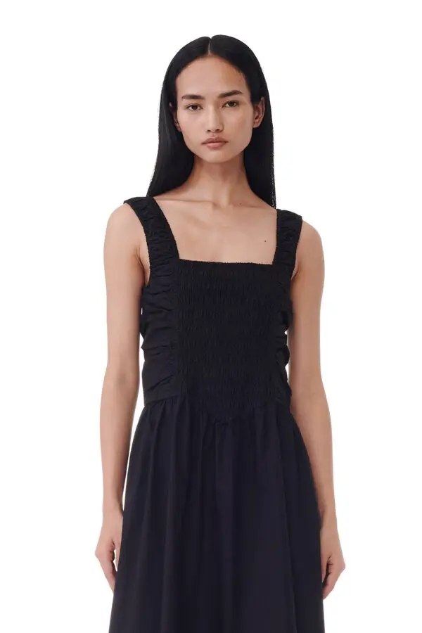 GANNI Cotton Square Neck Smocked Strap Dress