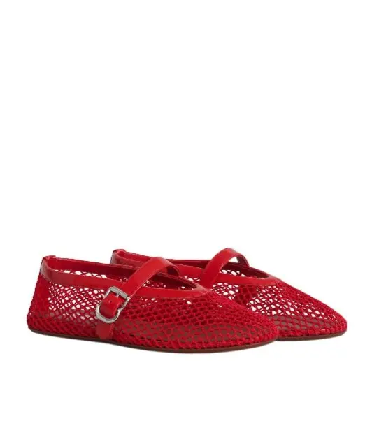 Alaïa Fishnet Ballet Flats With Buckle Strap - Red