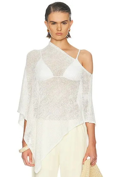 Enza Costa Linen Open Knit Poncho - White
