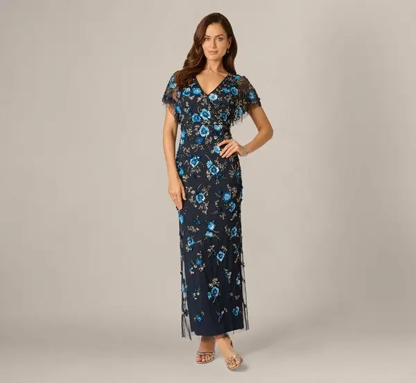 Adrianna Papell Flutter Sleeve Floral Beaded Column Gown