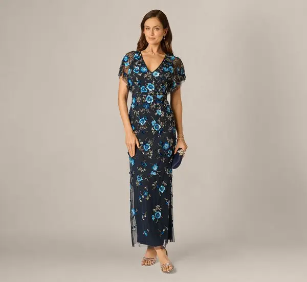 Adrianna Papell Flutter Sleeve Floral Beaded Column Gown - Midnight Multi