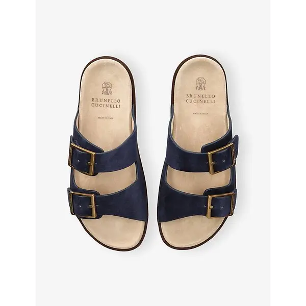 Brunello Cucinelli Two-strap Suede Sandals With Buckles - Navy