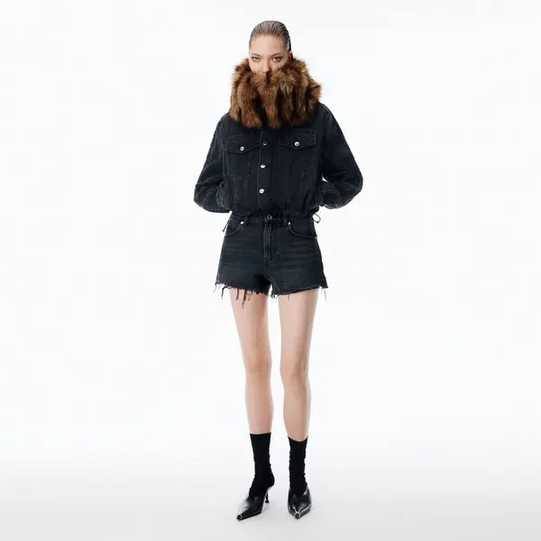 Alexander Wang High Rise Denim Shorts With Logo Pocket - Grey Aged