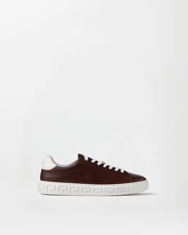Versace Greca Embossed Leather Sneakers - Brown