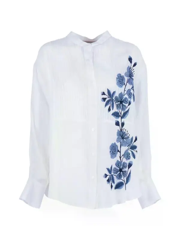 ERMANNO FIRENZE Floral Embroidered Pintuck Ramie Shirt - White