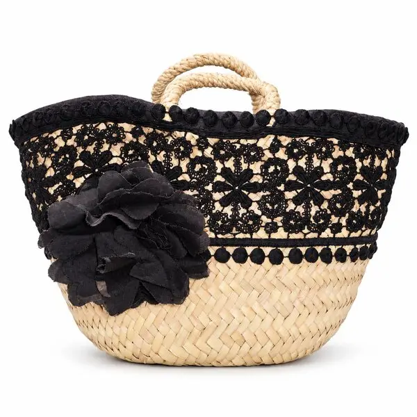 MARIELĒ Small Woven Straw Beach Bag With Lace Trim