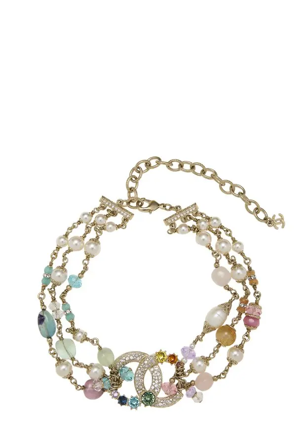 Chanel Cc" Logo -strand Necklace With Faux Pearls And Multicolor Stones - Multi