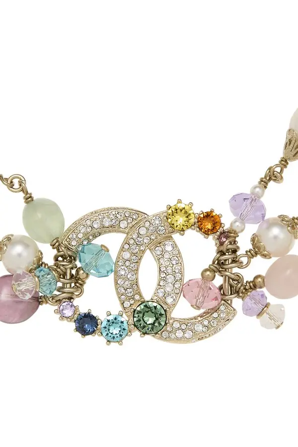 Chanel Cc" Logo -strand Necklace With Faux Pearls And Multicolor Stones