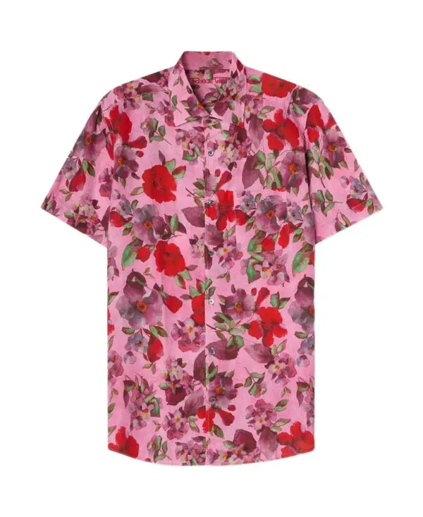 Robert Talbott Morgan Printed Floral Linen Short Sleeve Shirt - Pink