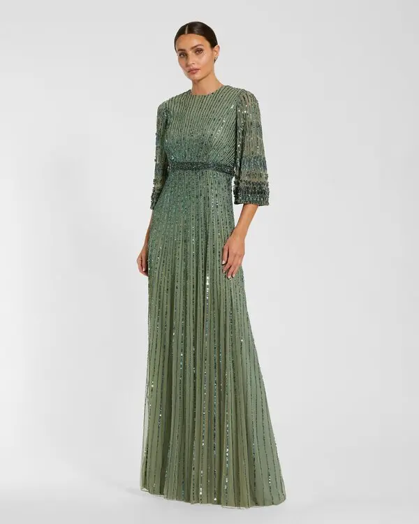 Mac Duggal High Neck Embellished Gown With 3/4 Sleeves