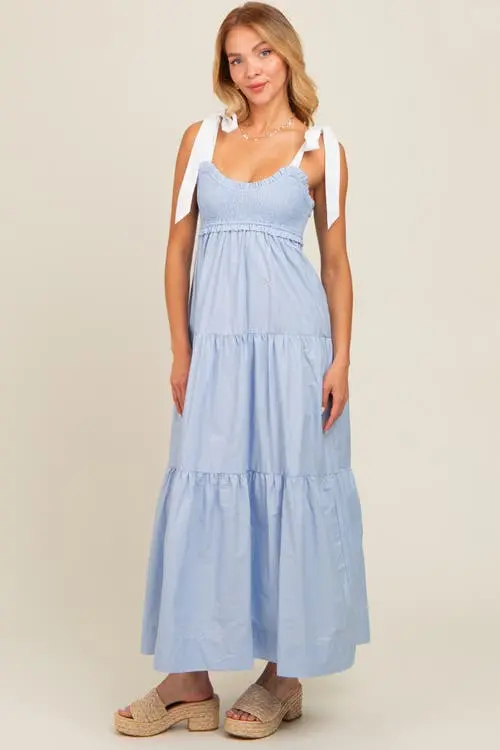 PINKBLUSH Blue Contrast Shoulder Straps Maxi Dress