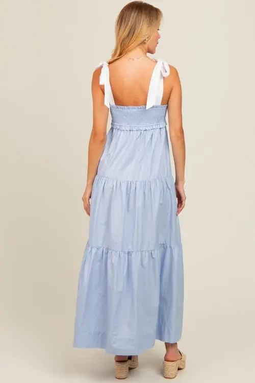 PINKBLUSH Blue Contrast Shoulder Straps Maxi Dress
