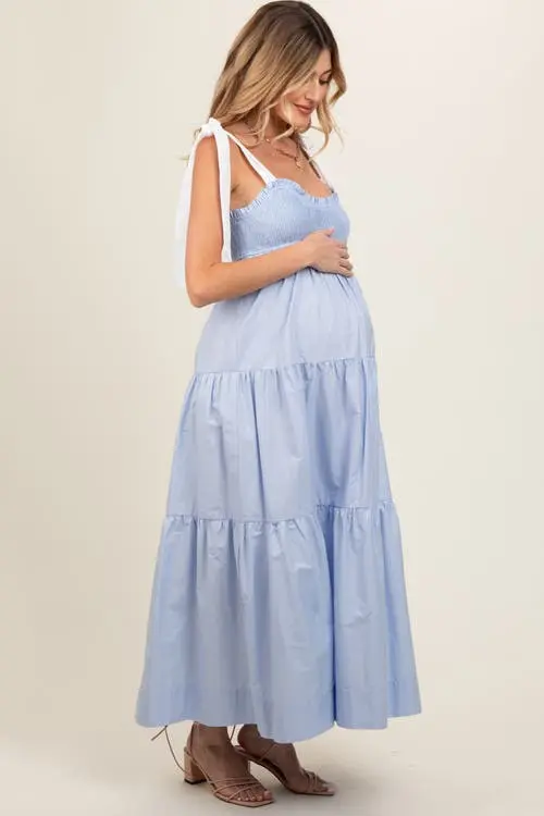 PINKBLUSH Blue Contrast Shoulder Straps Maxi Dress
