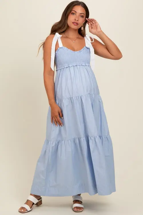 PINKBLUSH Blue Contrast Shoulder Straps Maxi Dress - Light Blue