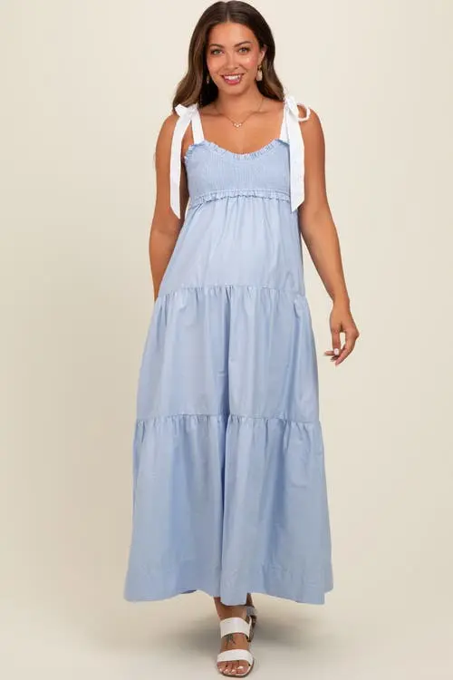 PINKBLUSH Blue Contrast Shoulder Straps Maxi Dress
