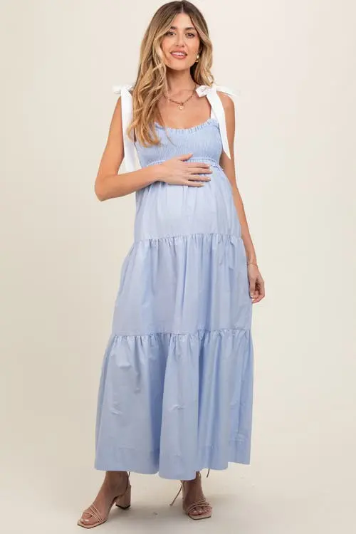 PINKBLUSH Blue Contrast Shoulder Straps Maxi Dress