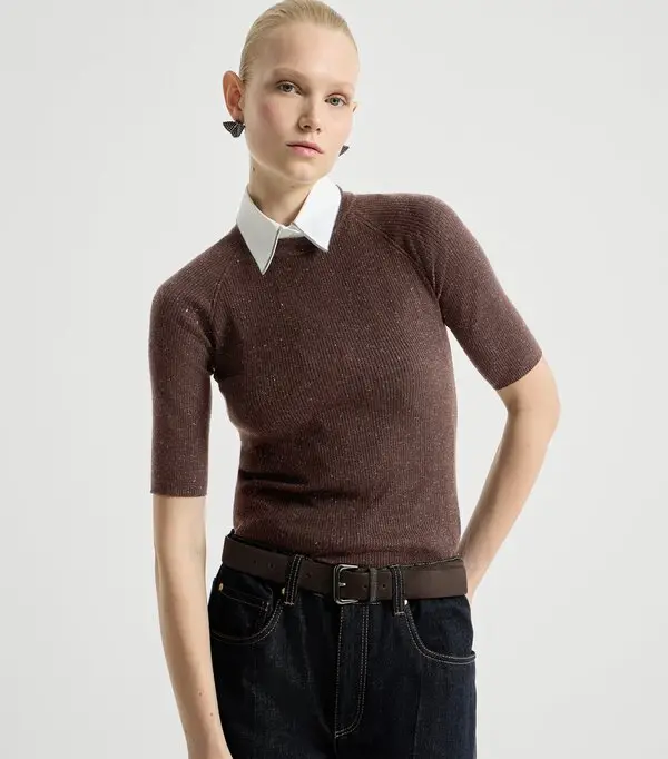 Brunello Cucinelli Cashmere Sparkling Ribbed Sweater - Brown