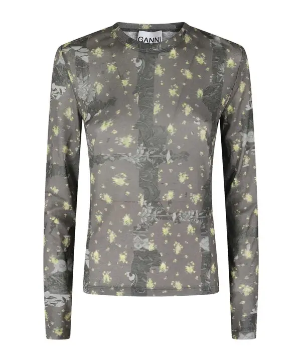 GANNI Floral-print Long-sleeve T-shirt - Gray