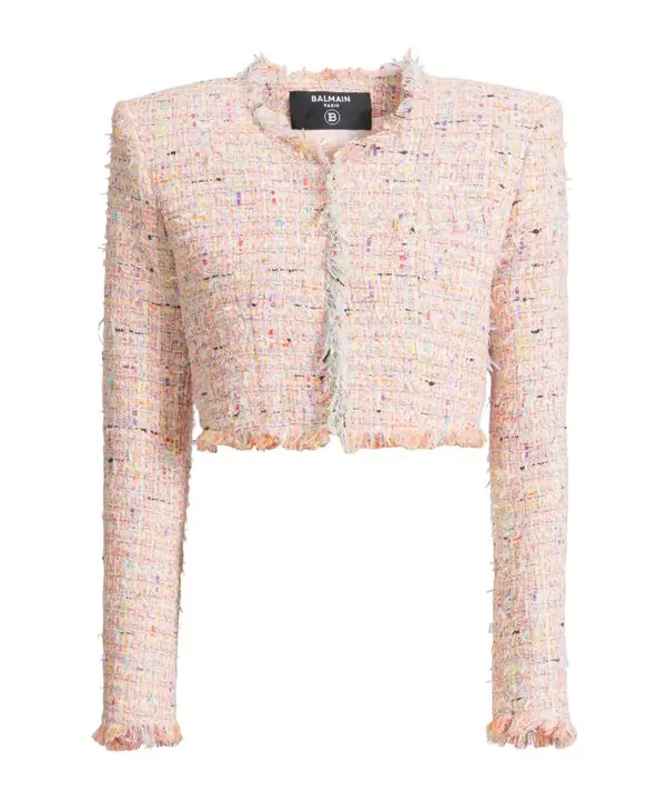 Balmain Cropped Tweed Blazer With Fringed Hem